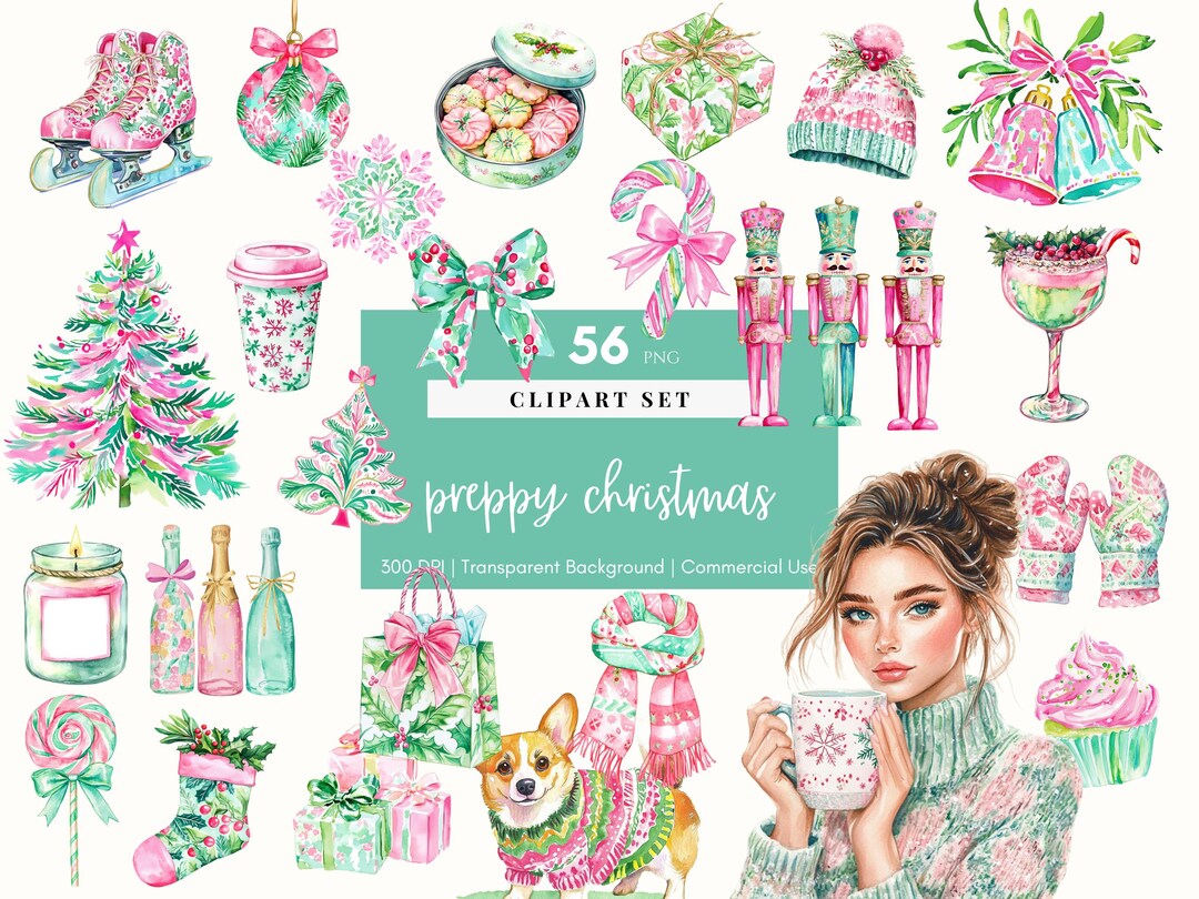 Preppy Christmas Clipart, Pink & Green Holiday Watercolor, Christmas ...