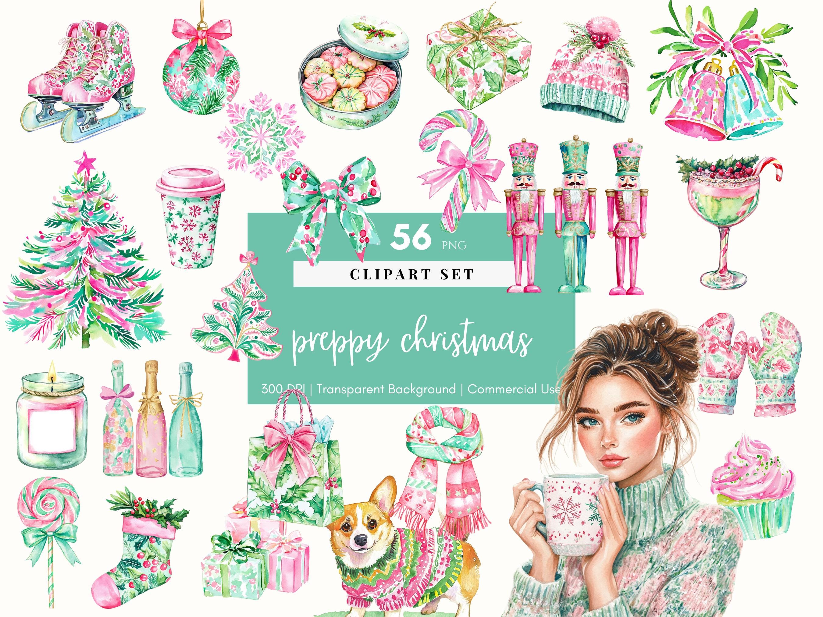 Preppy Christmas Clipart, Pink & Green Holiday Watercolor, Christmas ...