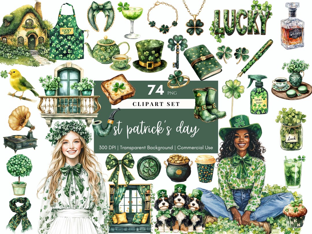St Patrick's Day Clipart, Watercolor Shamrock PNG, Clover Leaf ...