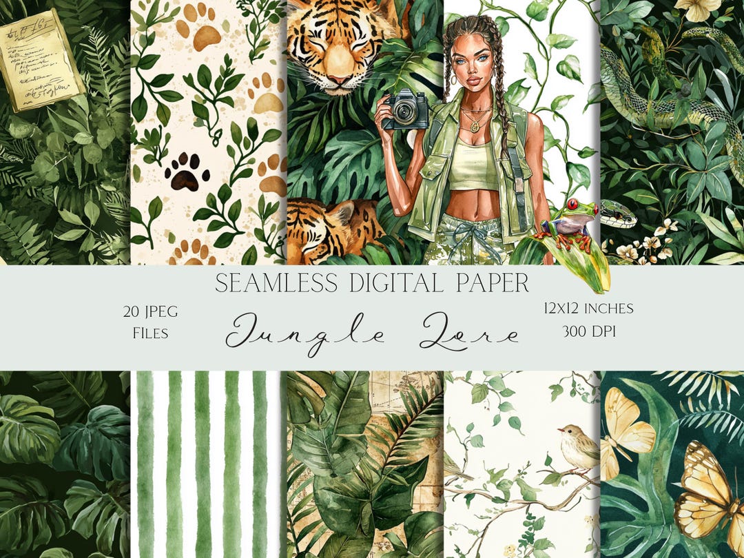 Watercolor Jungle Digital Paper Seamless Patterns Green and White ...