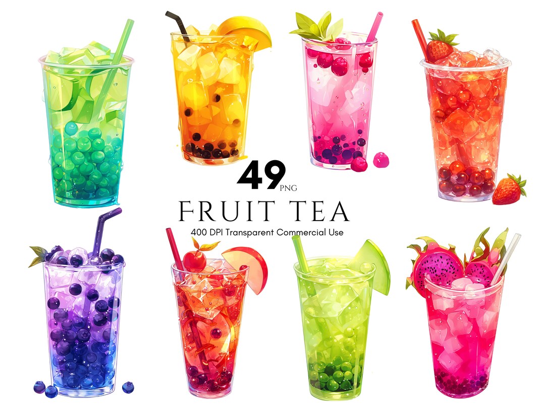 Colorful Fruit Tea Clip Art Bundle Boba Tea Digital Download PNG ...