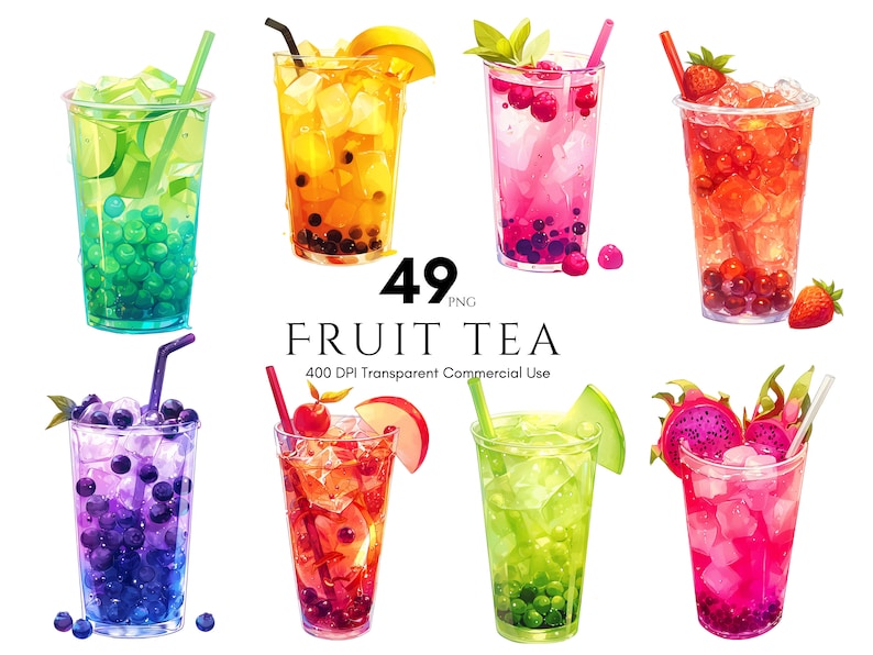 Colorful Fruit Tea Clip Art Bundle Boba Tea Digital Download PNG ...