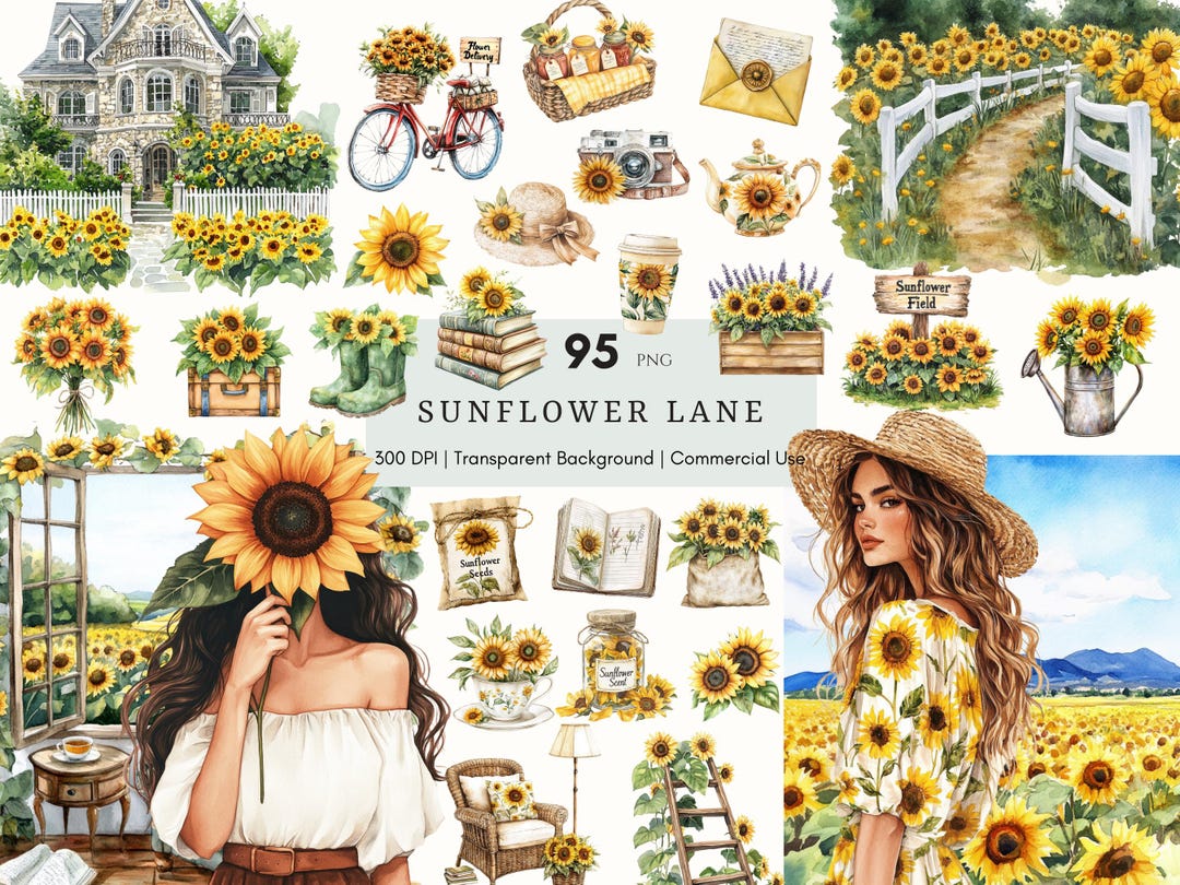 Watercolor Sunflower Lane Clipart, Summer Vibe, Floral Cozy Cottagecore ...