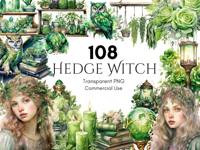 Hedge Witch Clipart Watercolor Set,scrapbook, PNG, Junk Journal, Paper ...