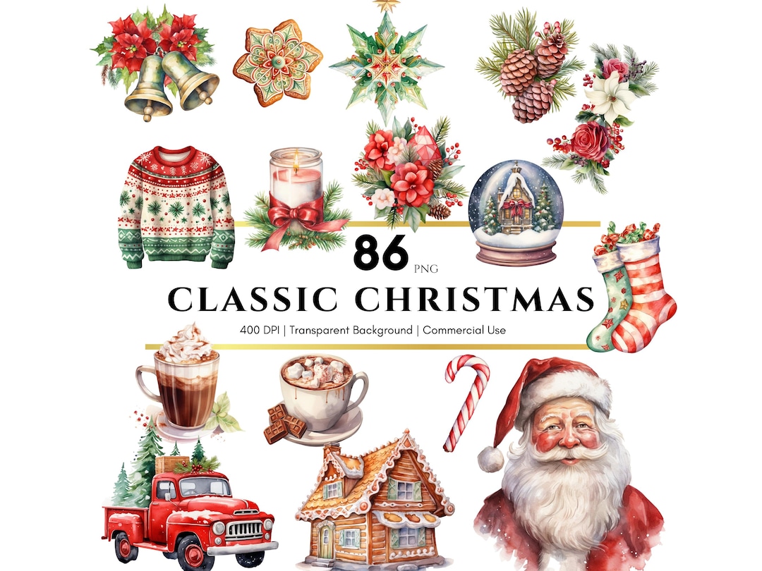 Christmas Classic Bundle Clipart, Winter Holiday, Digital PNG File ...