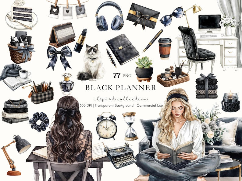 Watercolor Black Planner Clipart Bundle, Black Digital Planner Stickers ...