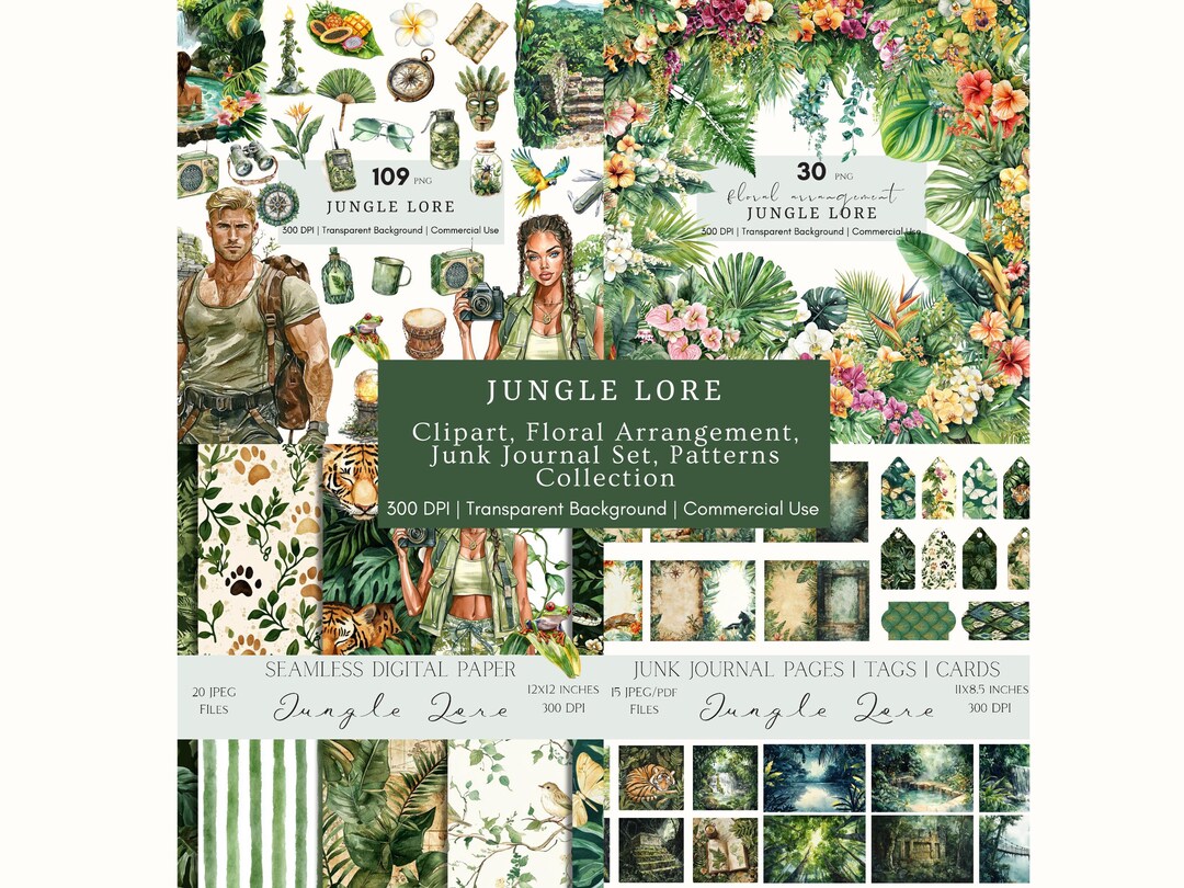 Watercolor Jungle Lore Clipart, Jungle Prints, Seamless Pattern, Jungle ...