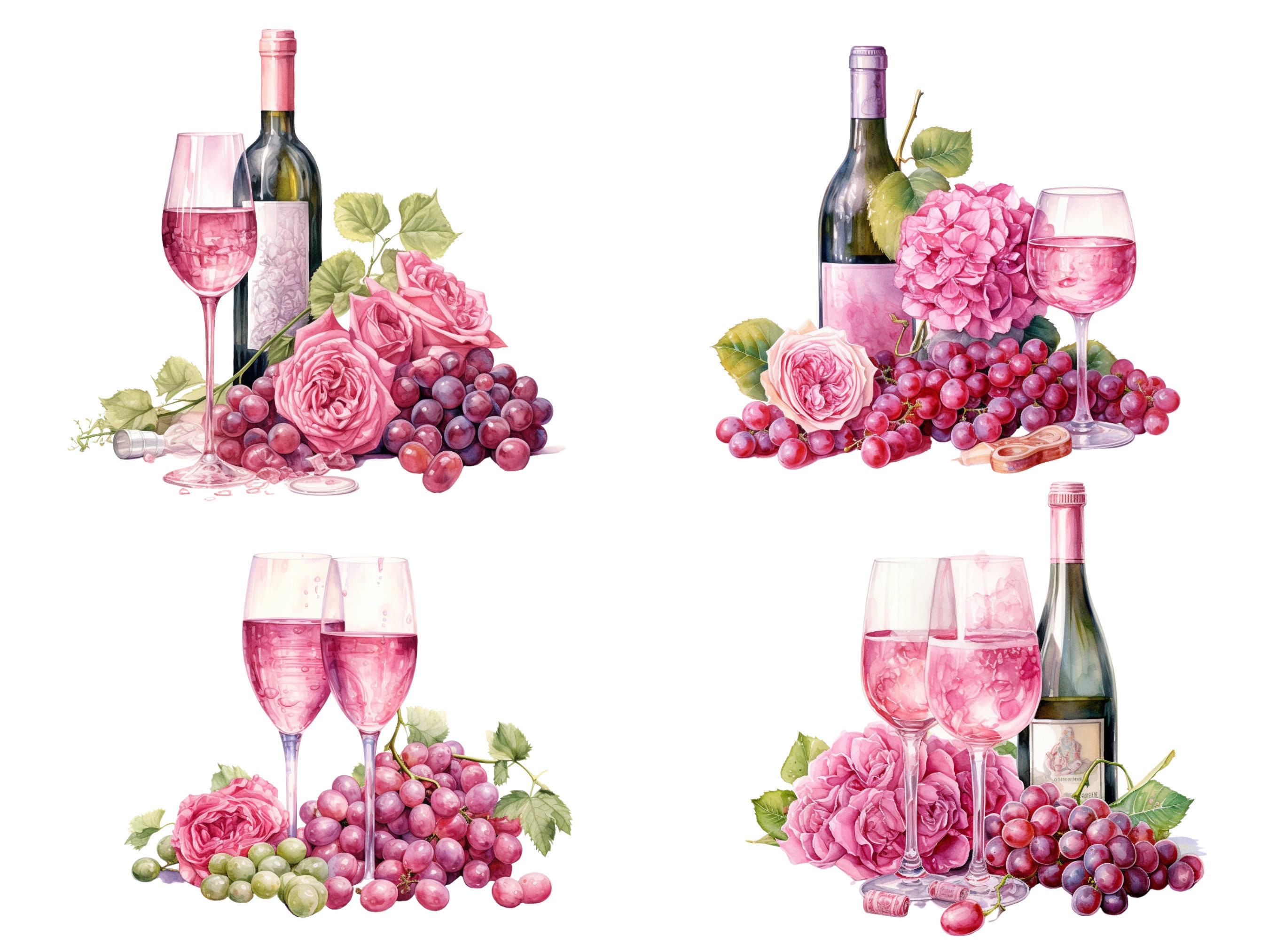 Rose Wine Bundle Watercolor Clipart, Wine Grapes, Wine Graphics ...