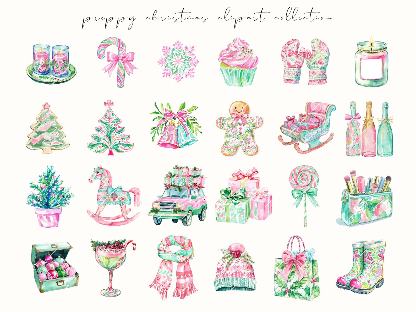 Preppy Christmas Clipart, Pink & Green Holiday Watercolor, Christmas ...