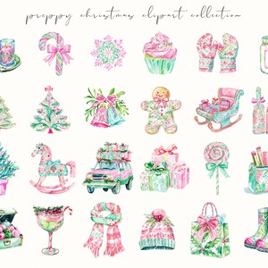 Preppy Christmas Clipart, Pink & Green Holiday Watercolor, Christmas ...