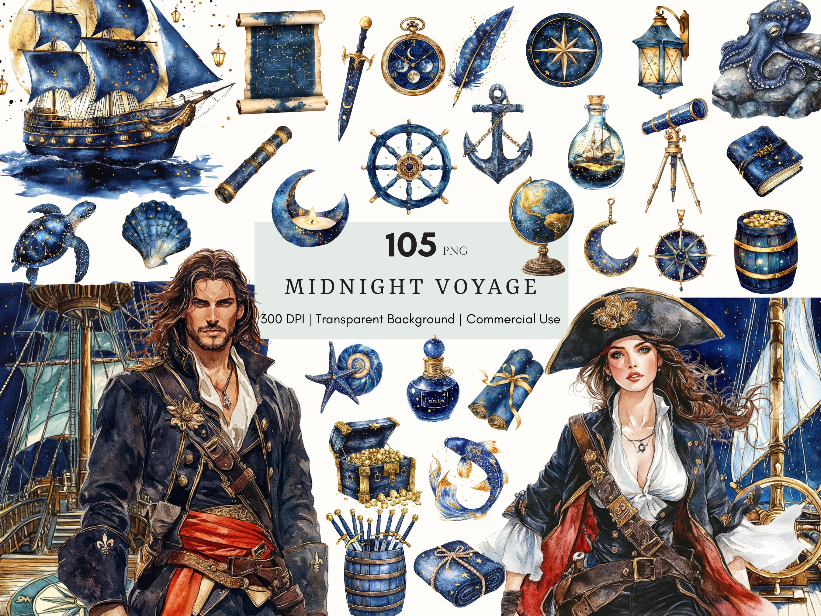 Watercolor Midnight Voyage Clipart, Piratecore Clipart, Pirates PNG ...