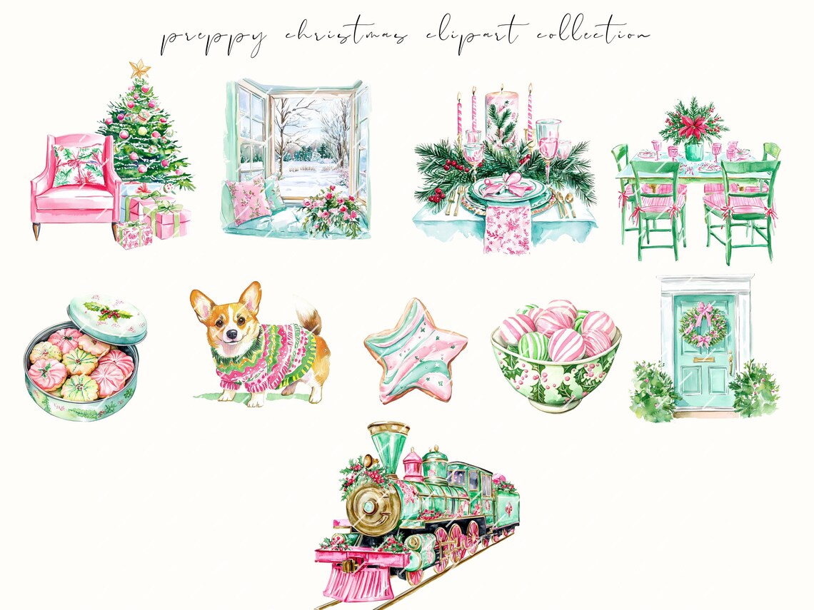 Preppy Christmas Clipart, Pink & Green Holiday Watercolor, Christmas ...