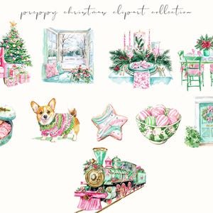 Preppy Christmas Clipart, Pink & Green Holiday Watercolor, Christmas ...