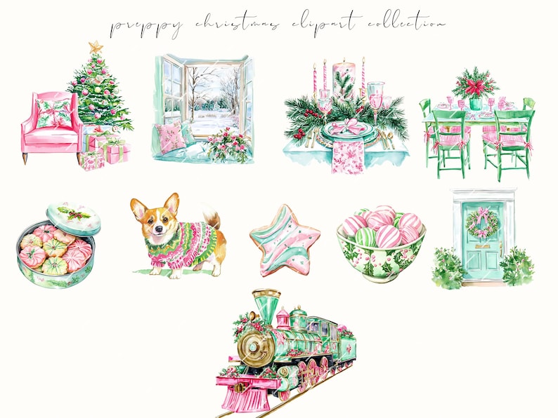 Preppy Christmas Clipart, Pink & Green Holiday Watercolor, Christmas ...