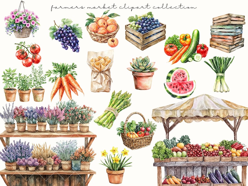 Watercolor Farmers Market Clipart Bundle, Fruit Veggies Floral Stall ...