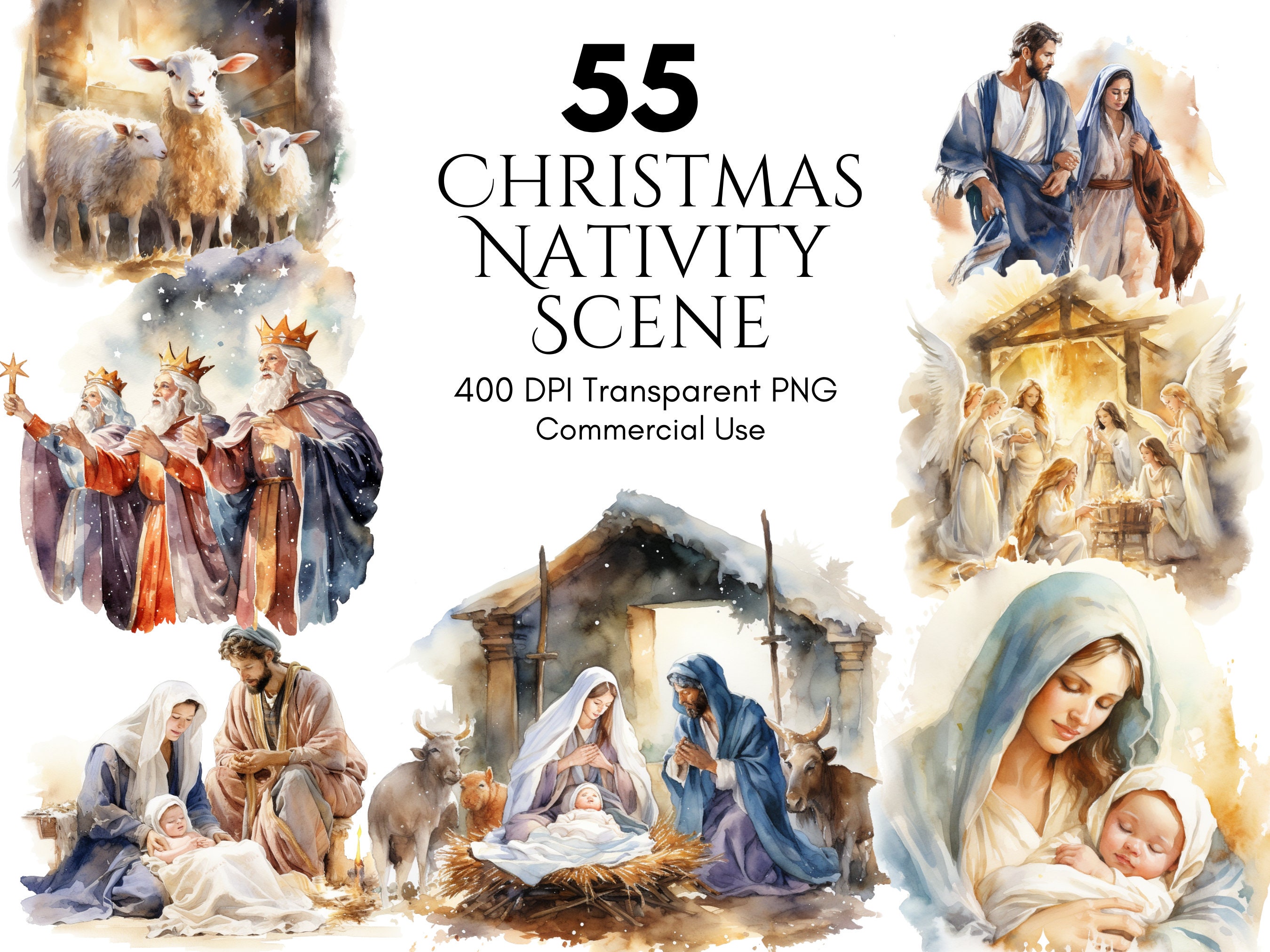 Christmas Nativity Scene Clipart, Christmas Bundle, Nativity PNG, Cards ...