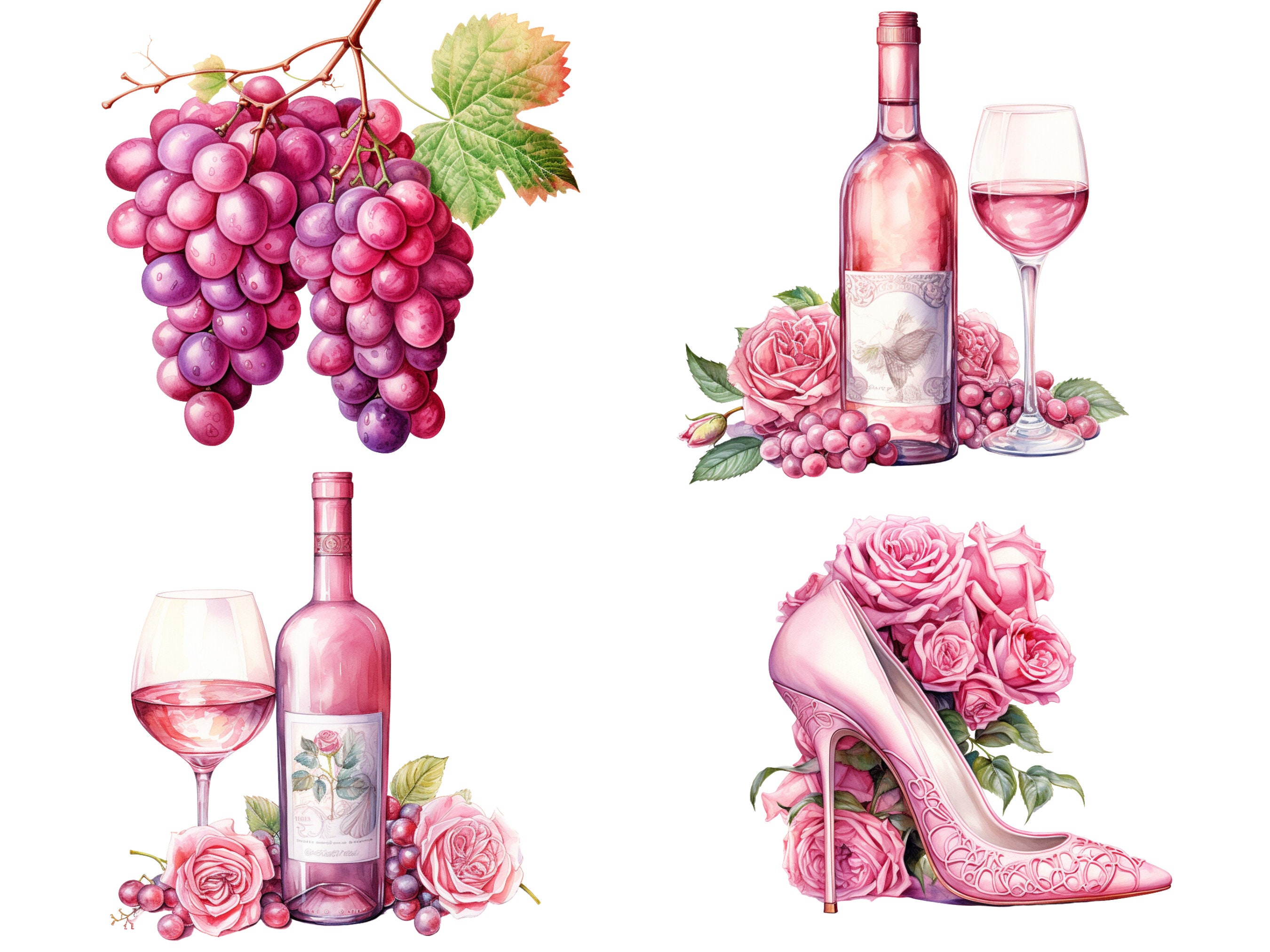 Rose Wine Bundle Watercolor Clipart, Wine Grapes, Wine Graphics ...