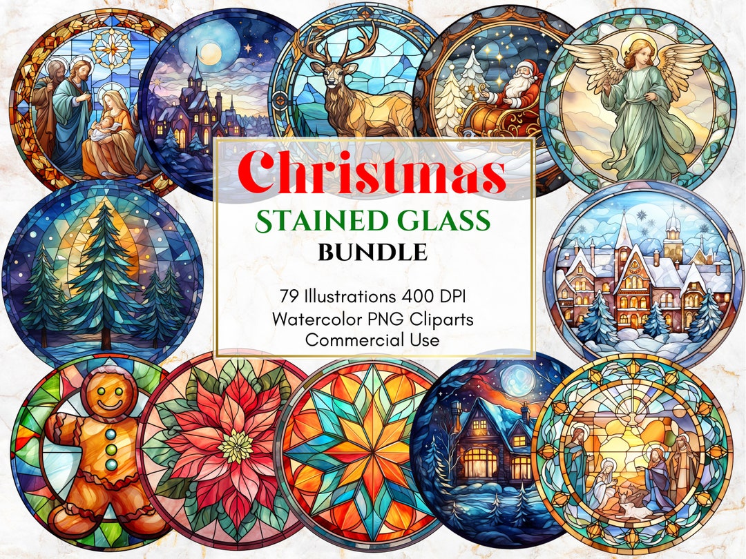 Christmas Stained Glass Watercolor Bundle Clipart, Digital PNG Files ...