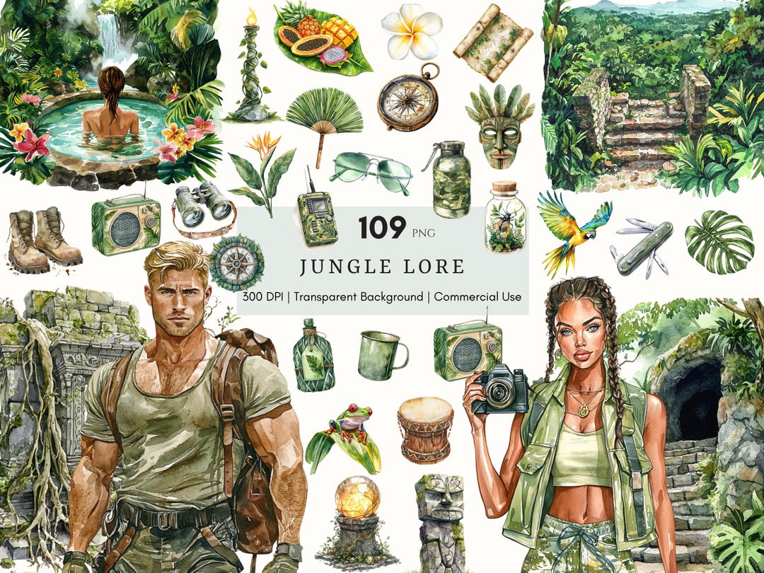 Watercolor Jungle Lore Clipart, Jungle Prints, Travel Clipart, Jungle ...