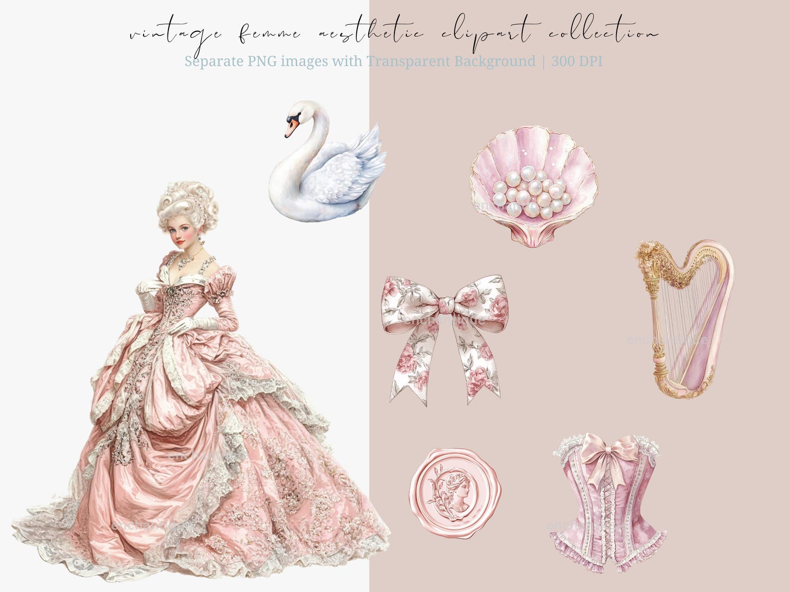 Watercolor Pink Vintage Clipart Rococo Aesthetic Clipart Planner ...