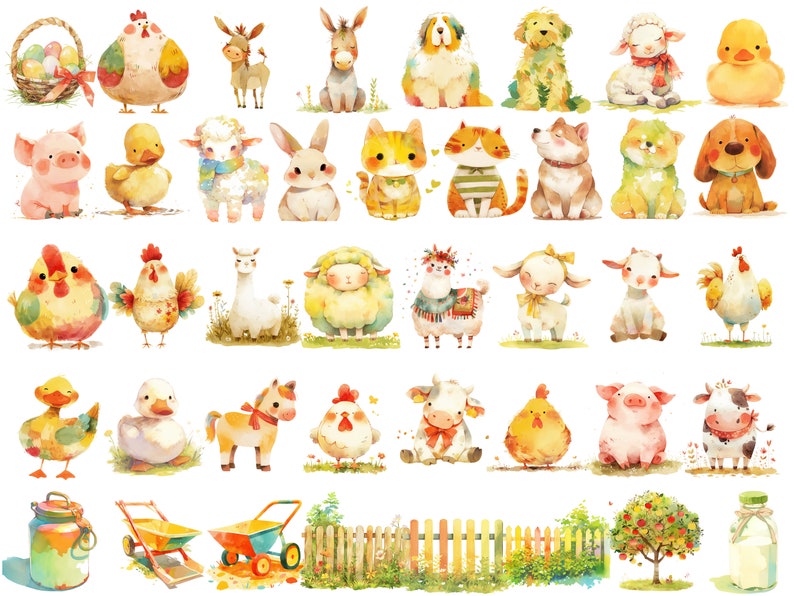 Cute Farm Clipart, Watercolor Farm Animals, Farm Animals PNG, Baby ...