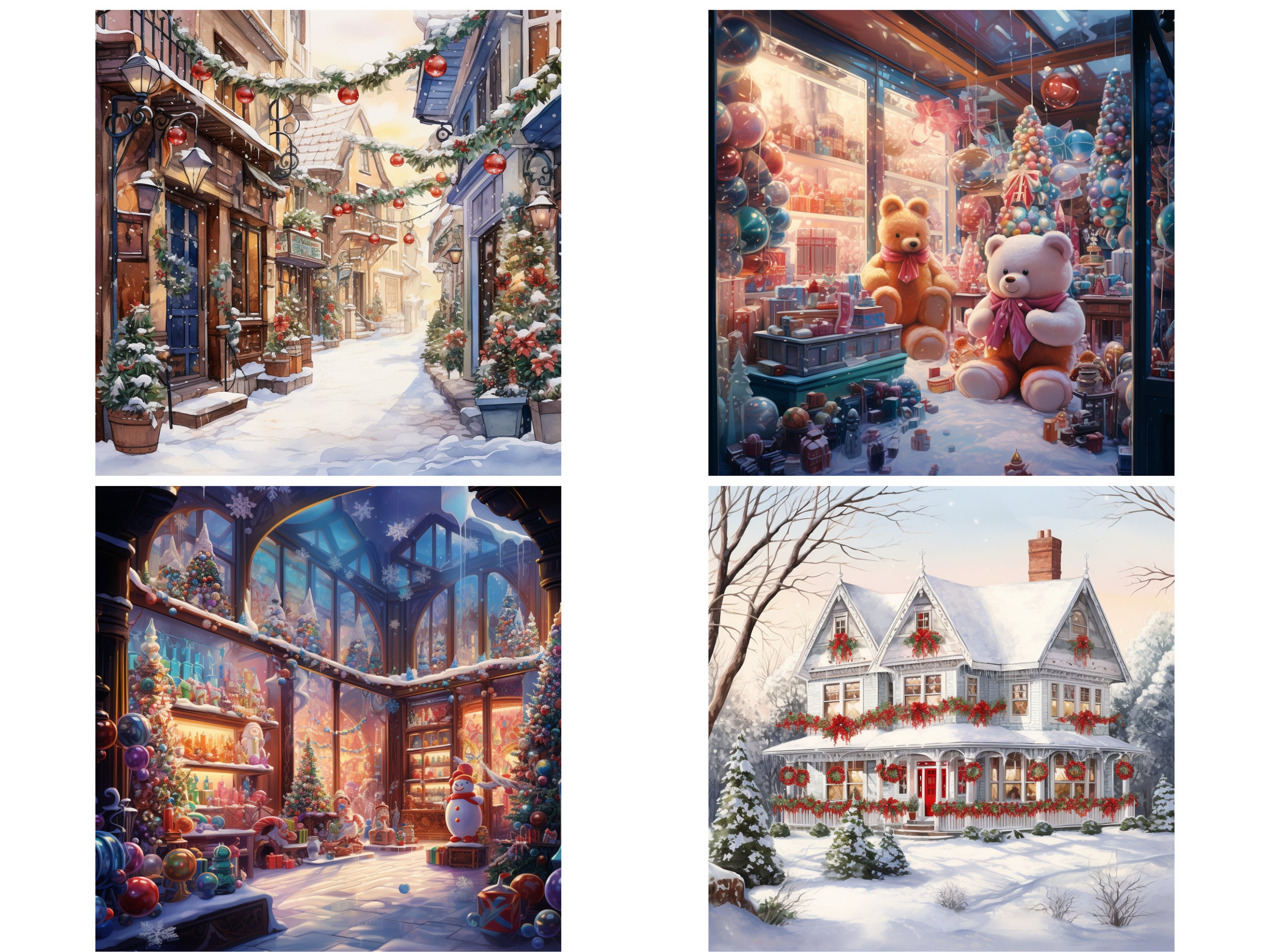 Christmas Street Scene Watercolor Illustrations Bundle Clipart, Digital ...