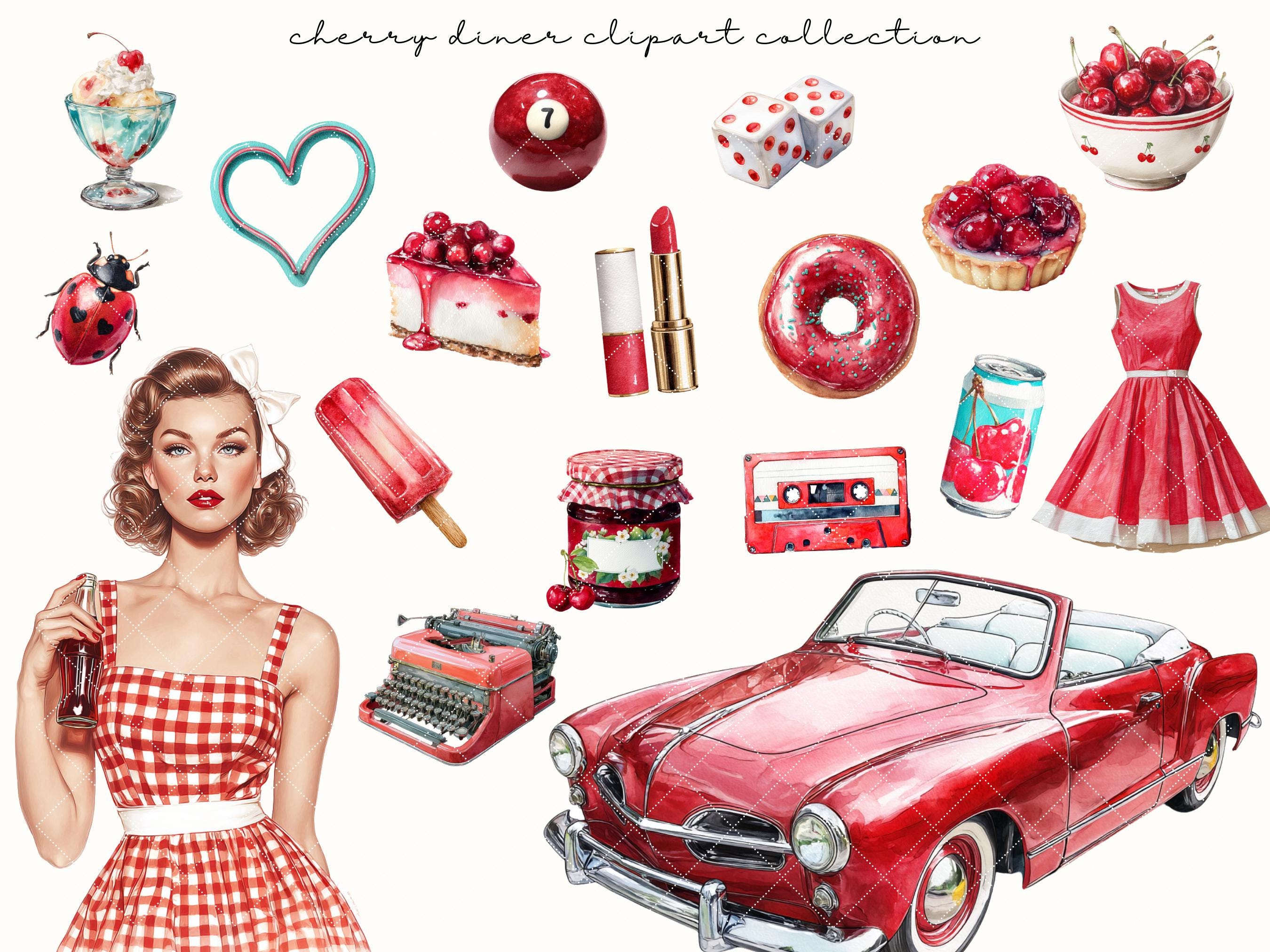 Retro Clipart Cherry PNG, 1950s Retro Diner Clip Art, Red Teal Vintage ...