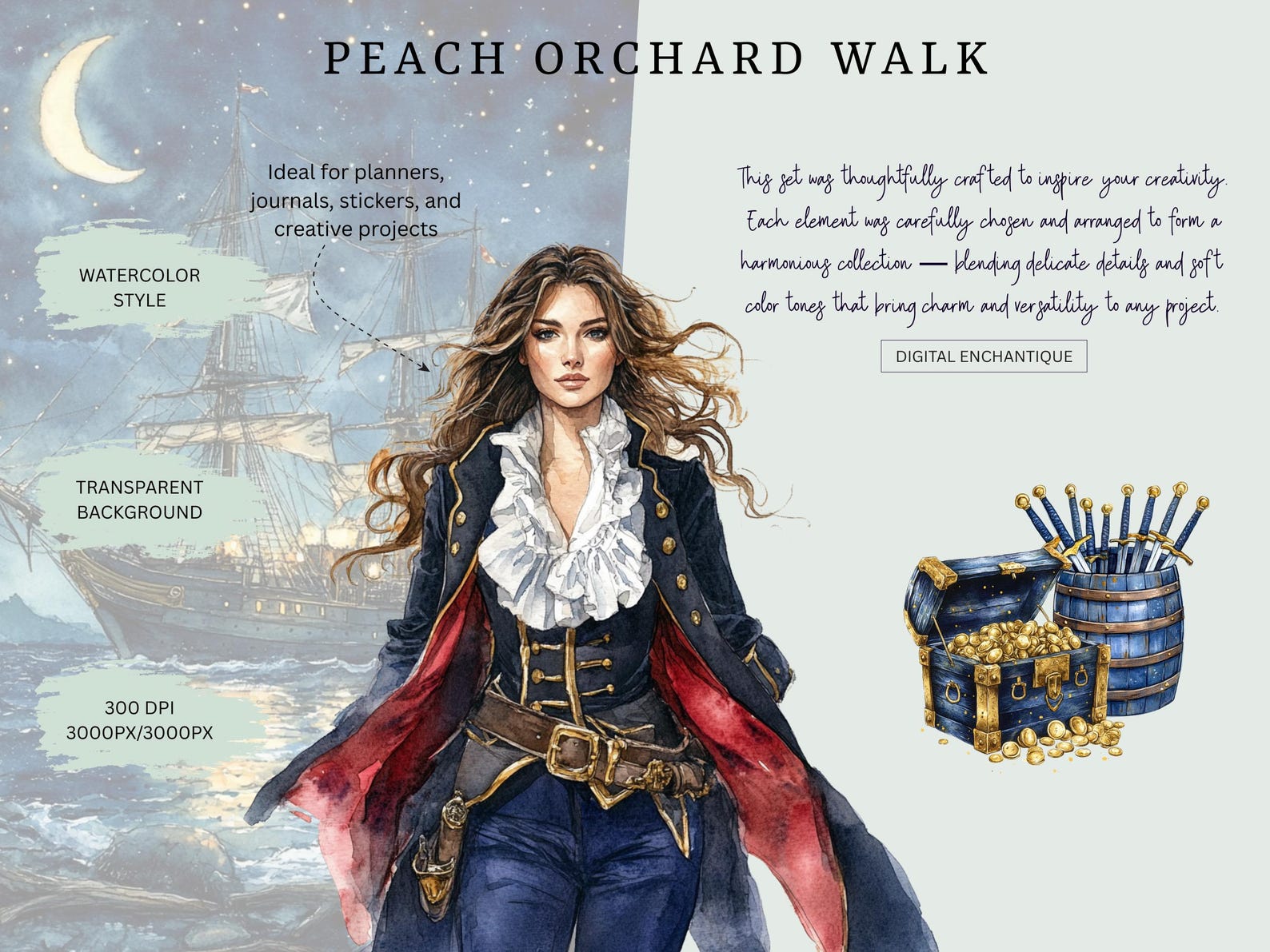 Watercolor Midnight Voyage Clipart, Piratecore Clipart, Pirates PNG ...