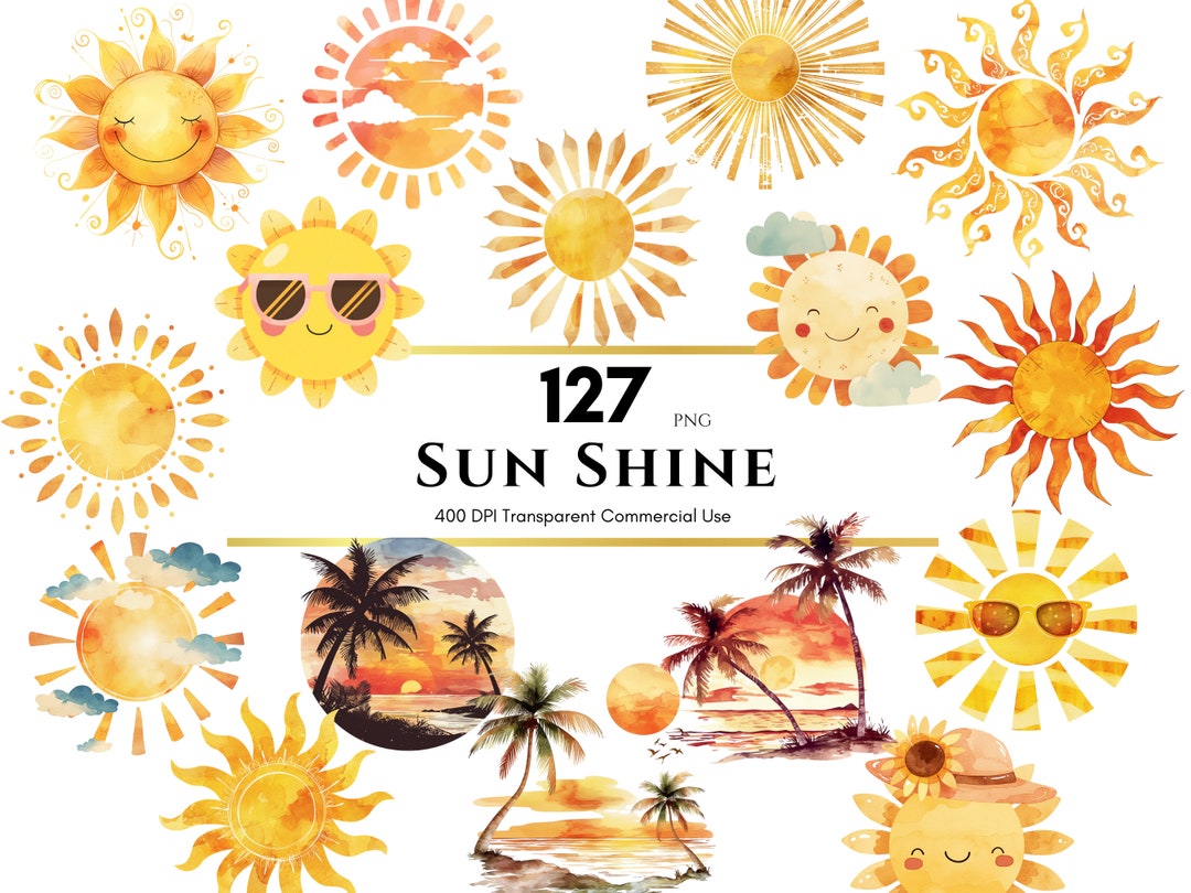 Watercolor Sun Clipart, Sun Clipart, Cute Sun Clipart, Sun PNG, Summer ...
