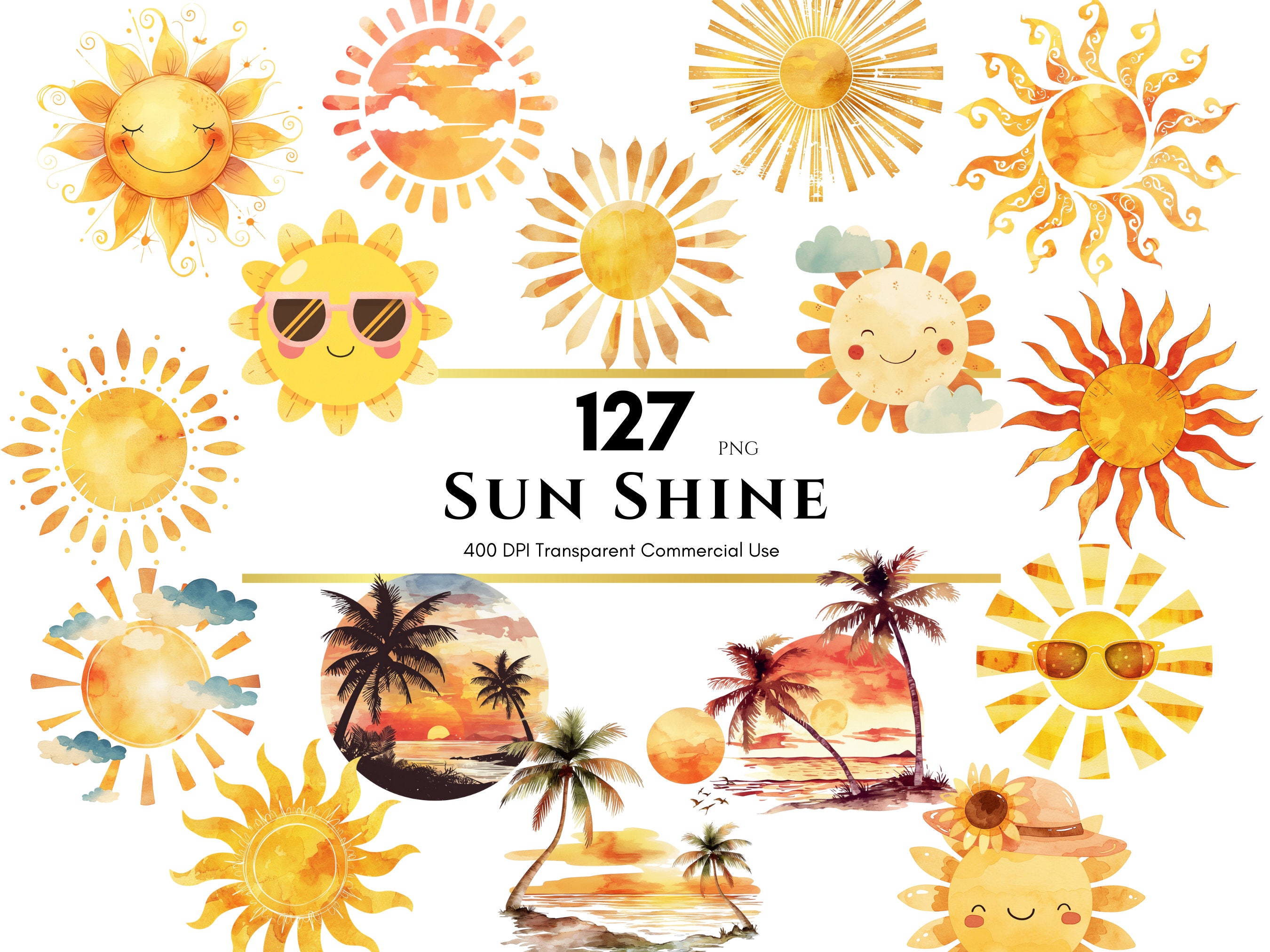 Watercolor Sun Clipart, Sun Clipart, Cute Sun Clipart, Sun PNG, Summer ...
