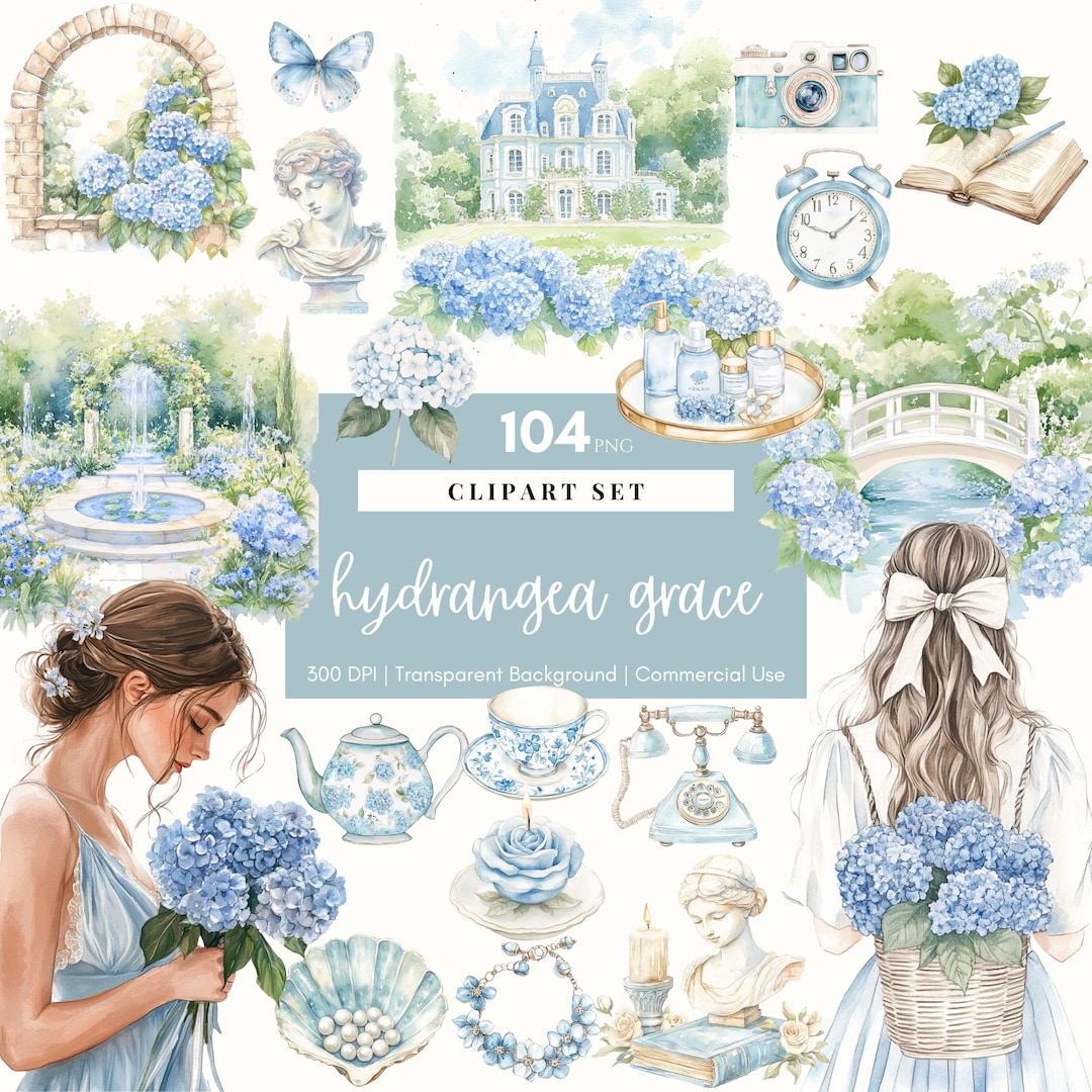 Watercolor Grandmillennial Clipart Hydrangea PNG Light Blue Floral ...
