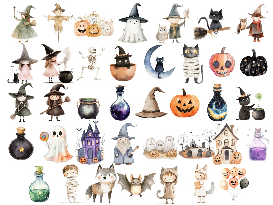 Whimsical Halloween Clipart, Cute Halloween Characters, Pastel Spooky ...
