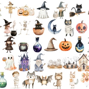 Whimsical Halloween Clipart, Cute Halloween Characters, Pastel Spooky ...