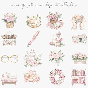 Watercolor Spring Planner Clipart Digital Stickers Planner Book Lover ...