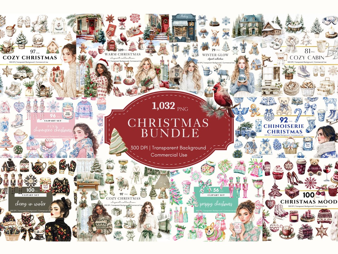 Watercolor Christmas Clipart Bundle, Classic Christmas Graphics, Winter ...
