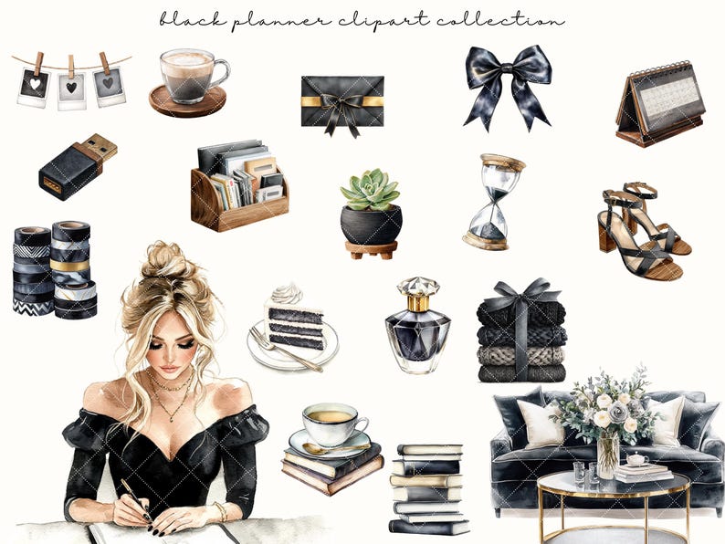 Watercolor Black Planner Clipart Bundle, Black Digital Planner Stickers ...