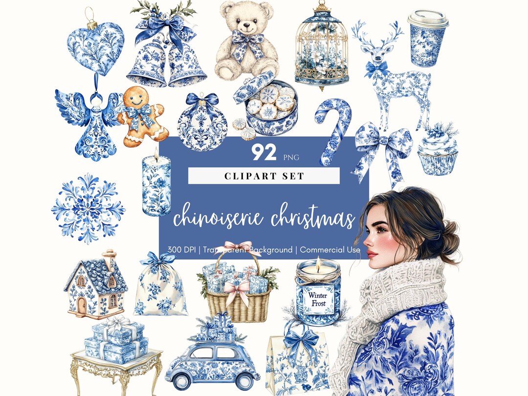 Chinoiserie Christmas Clipart Watercolor, Grandmillenial Christmas PNG ...