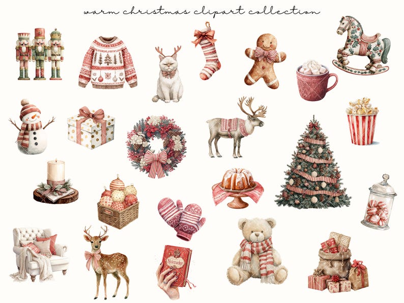 Watercolor Classic Christmas Clipart, Cozy Christmas, Winter Clip Art ...