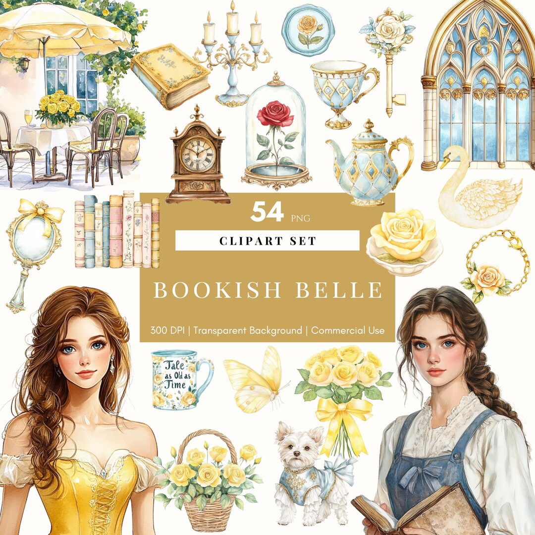 Watercolor Bookish Belle Clipart, Beauty and the Beast PNG, Princess ...