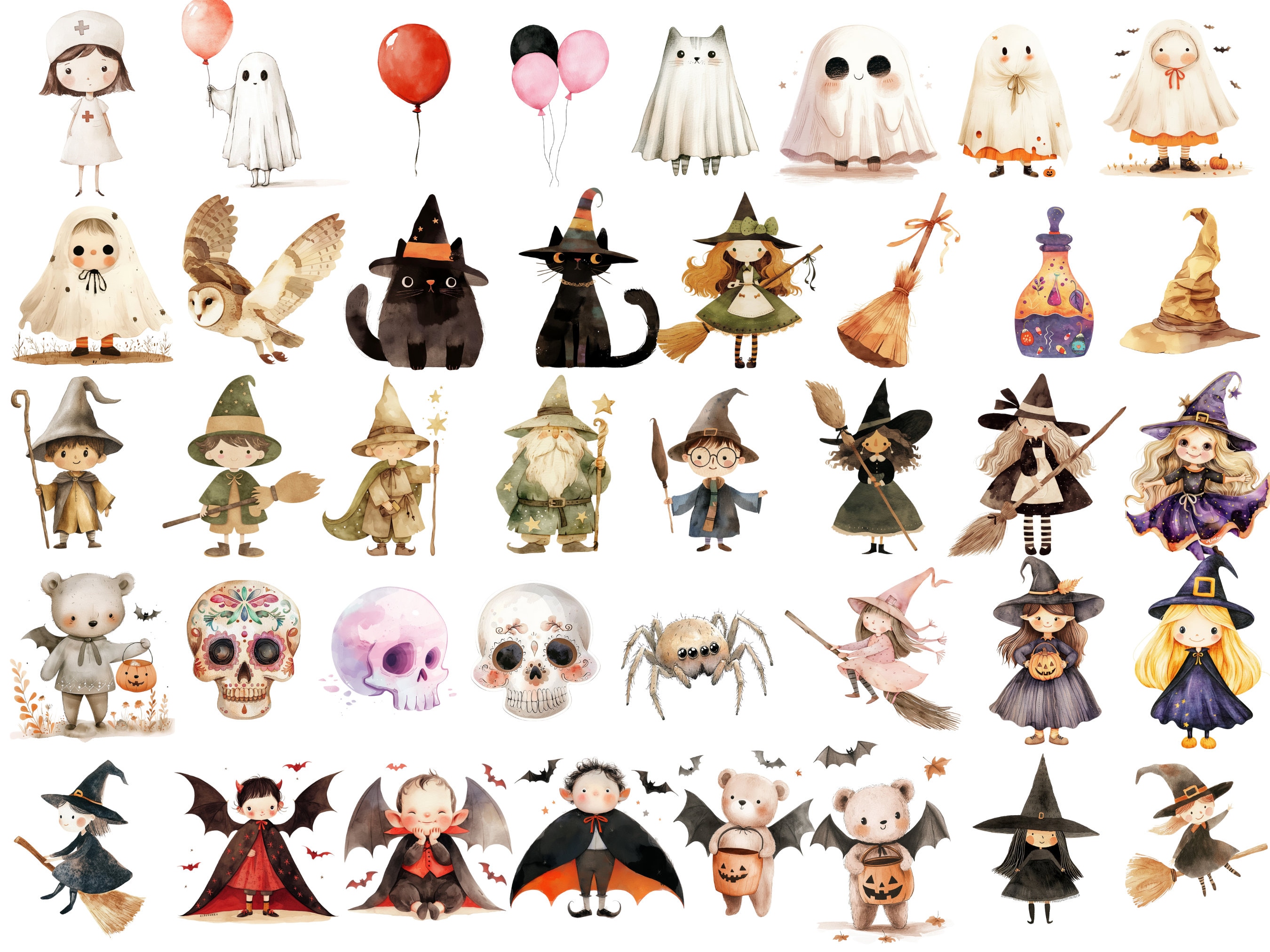 Whimsical Halloween Clipart, Cute Halloween Characters, Pastel Spooky ...