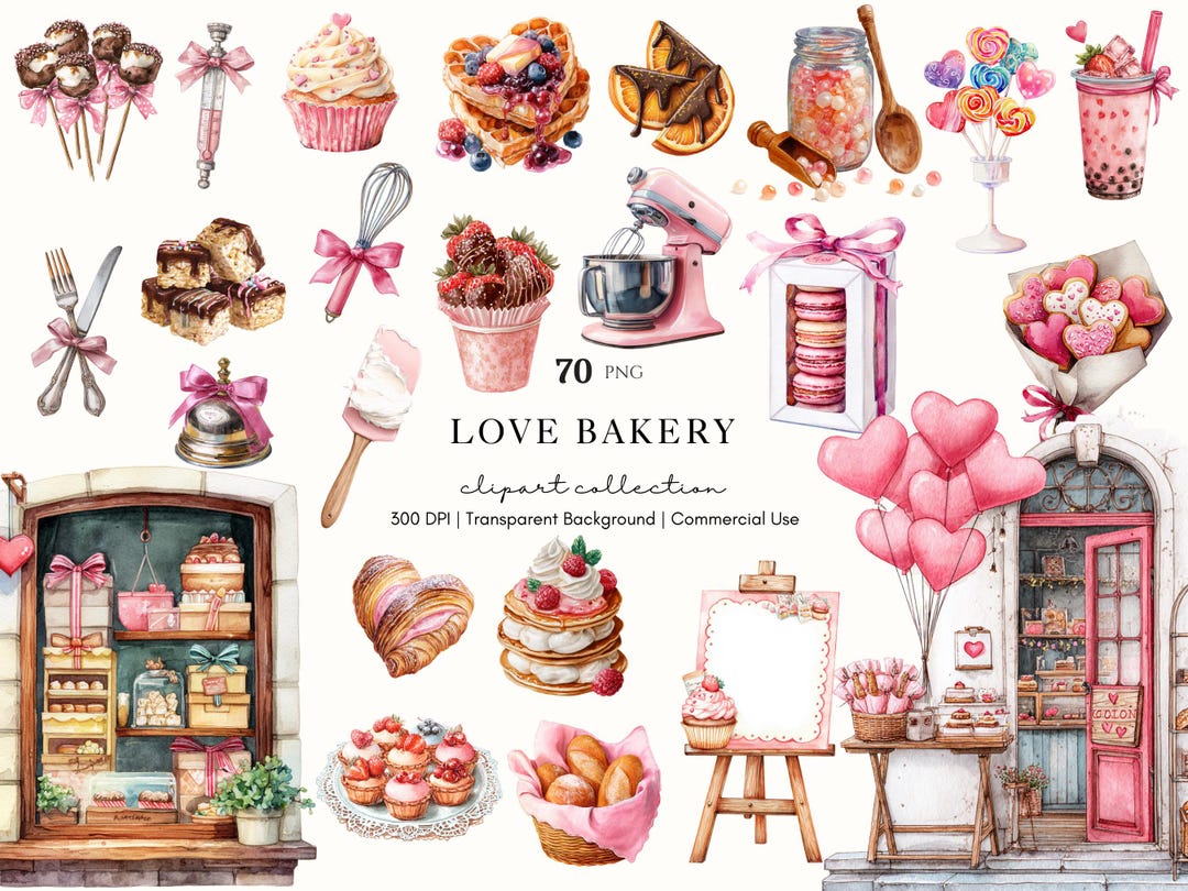 Bakery Watercolor Clipart, PNG Sweet Treats Bundle, Valentine Pastry ...
