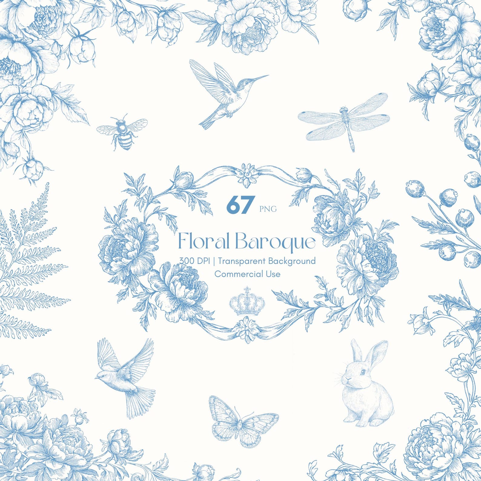 Baroque Line Art Wedding Clipart Floral Wedding Crest Blue Chinoiserie ...