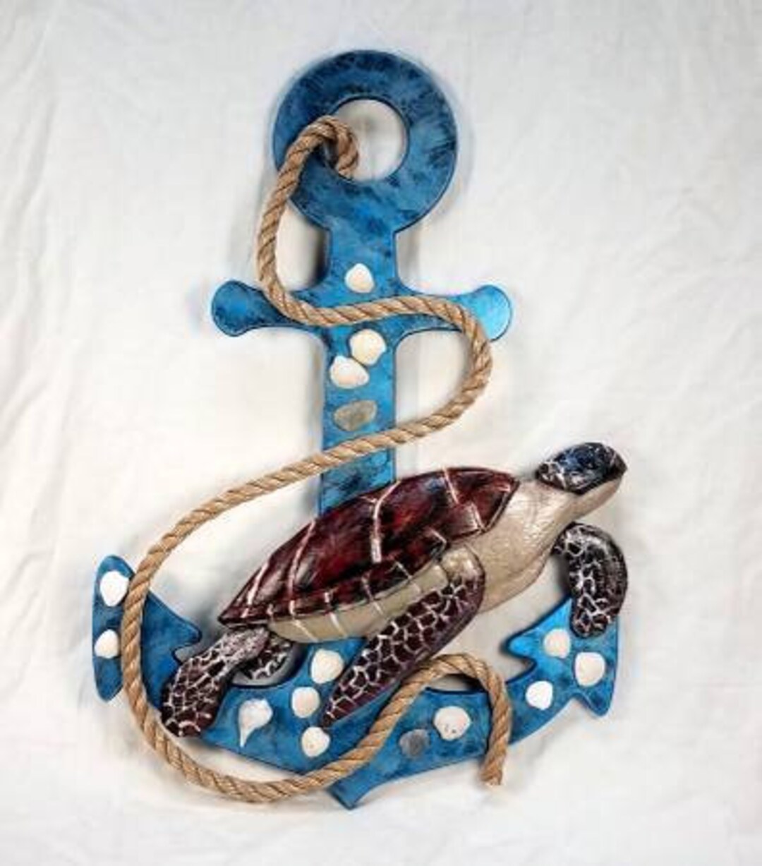 Sea Turtle 3D Relief on Ship Anchor Wall Art MDF, Hardwood, Rope, Shell ...