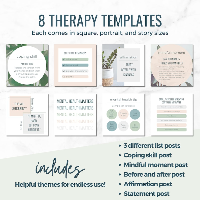 Instagram Templates for Therapists, Therapist Social Media Posts, Canva ...