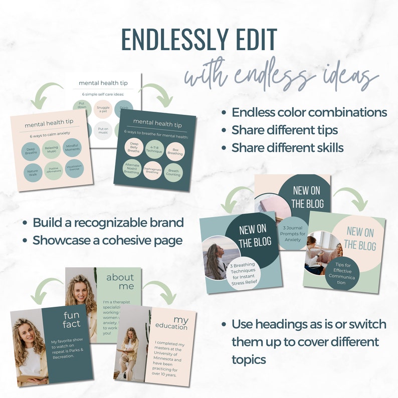 Instagram Templates for Therapists, Therapist Social Media Posts, Canva ...