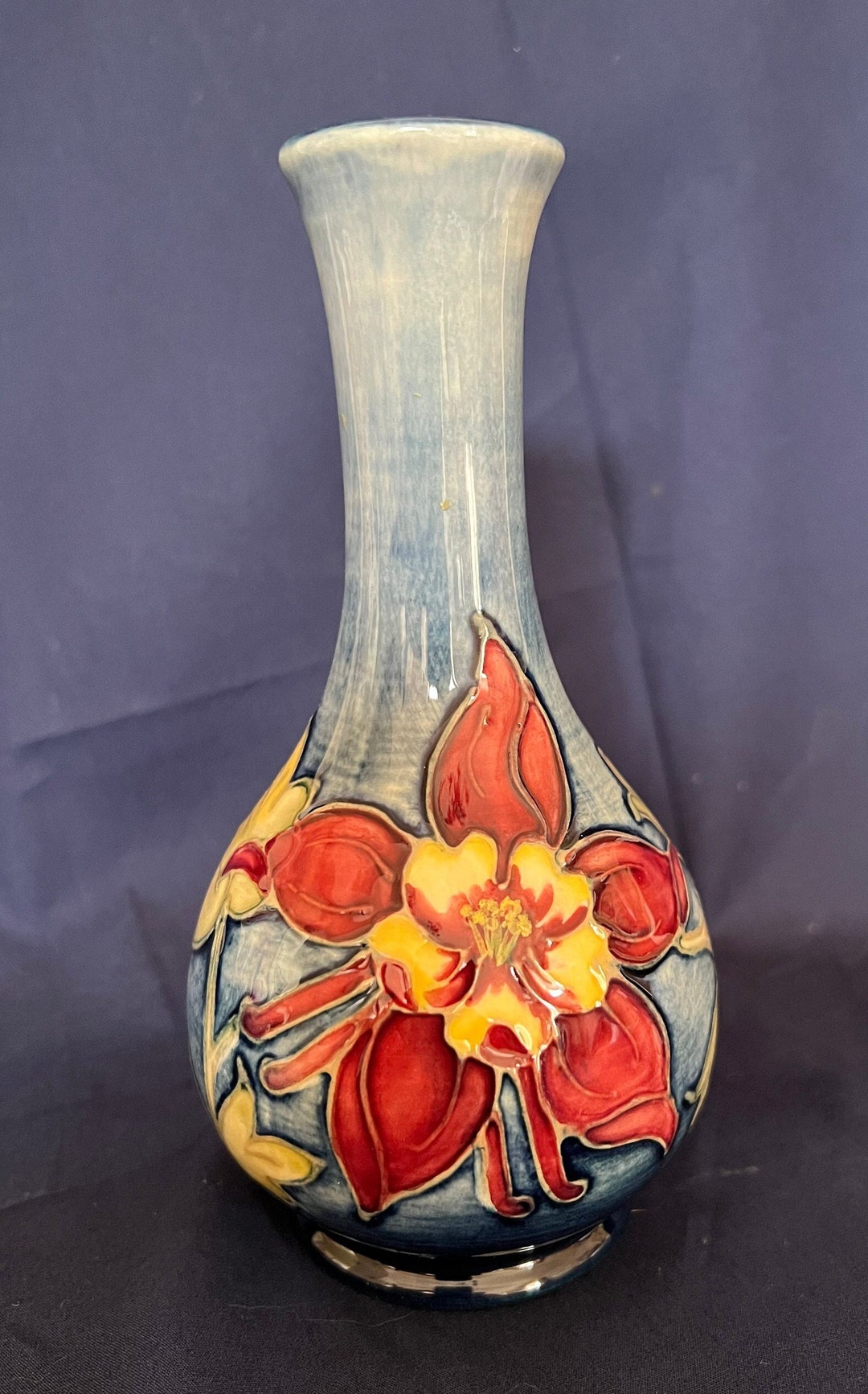 MOORCROFT COLUMBINE VASE. Narrow Neck Bottle Form. Walter Moorcroft ...