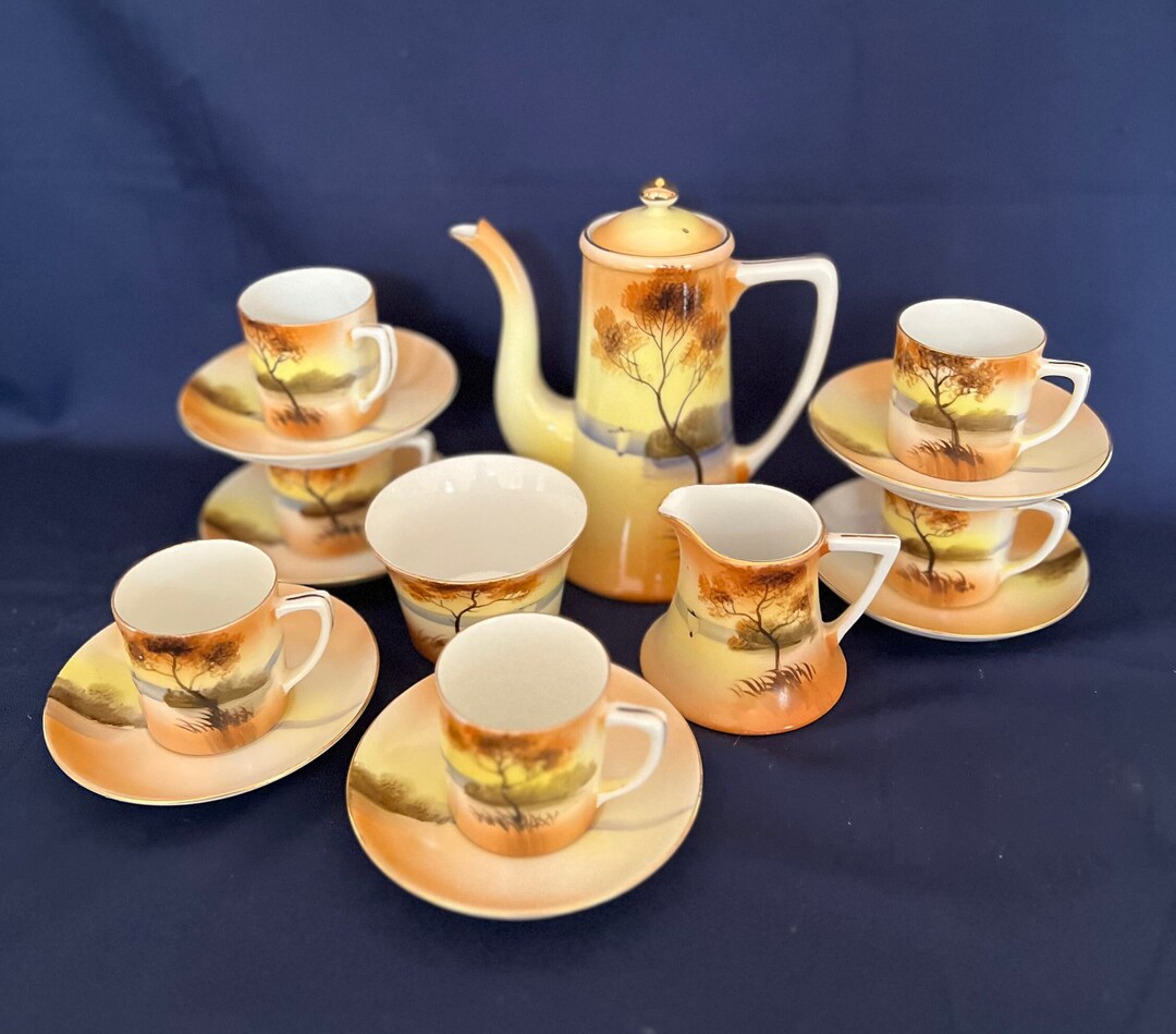 NORITAKE COFFEE SET. Coffee Pot, Jug, Sugar Bowl, 6 Cups/saucers. Hand ...