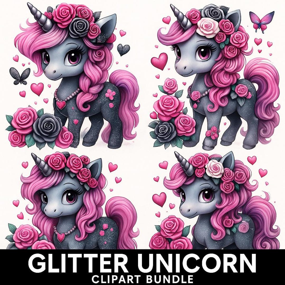 Glitter Unicorn Clipart Bundle: Pink & Black Fantasy Pngs (digital ...