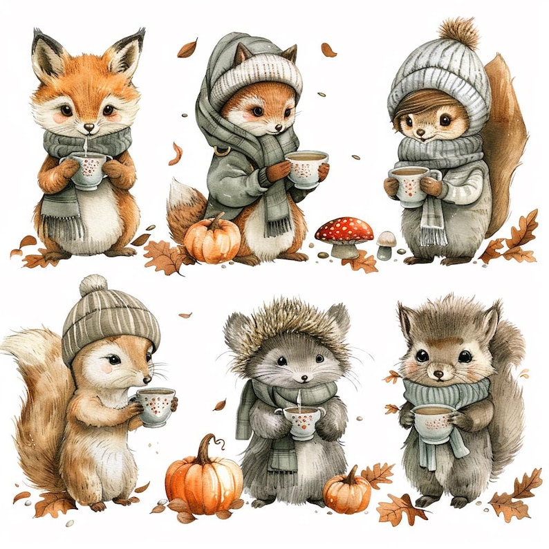 Cottagecore Autumn Animals Watercolor Clipart: Fall Woodland PNG Bundle ...