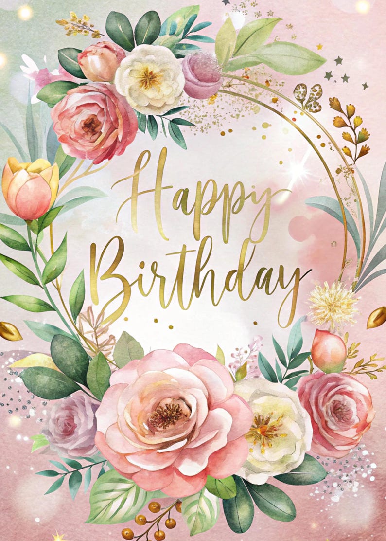 Watercolor Floral Birthday Card Bundle: Gold Foil Effect, Printable Set ...